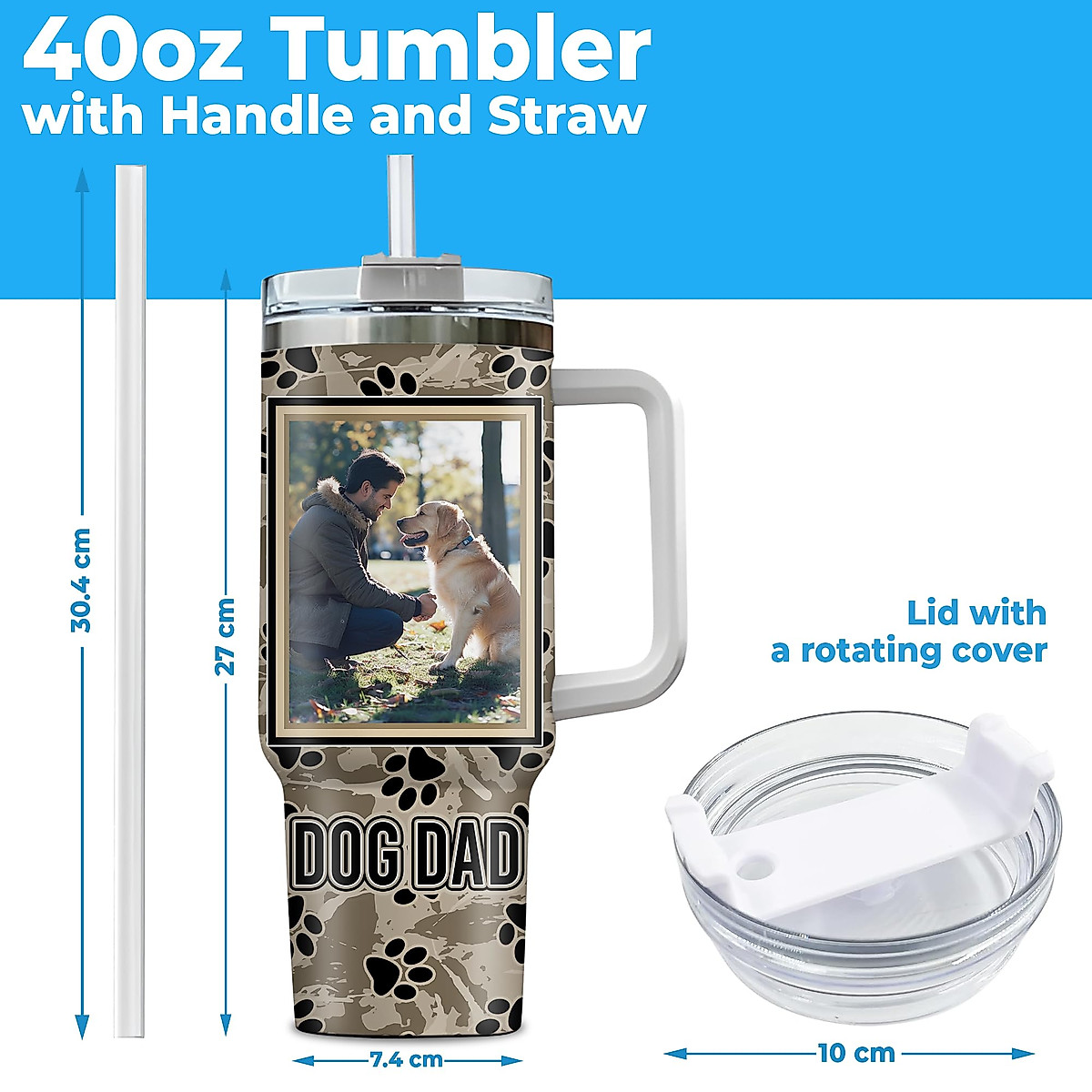 Hyturtle Personalized Pictured Dog Dad 40oz Tumbler with Handle and Straw Gifts for Dog Lovers, Birthday Father's Day Cup Gifts For Men, Best Gift Idea for Dogs Dad Stainless Steel Custom Cup With Lid