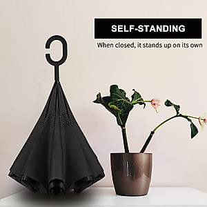 MRTLLOA Windproof Inverted Reverse Umbrella with UV Protection, C-Shaped Handle Double Layer Stick Umbrella for Rain (Black)