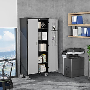 VINGLI 72'' Tall Garage Storage Cabinet, Metal Storage Cabinet with Wheels, Locking Doors and Adjustable Shelves (Black & Silver, 32''W x 16''D x 72''H)