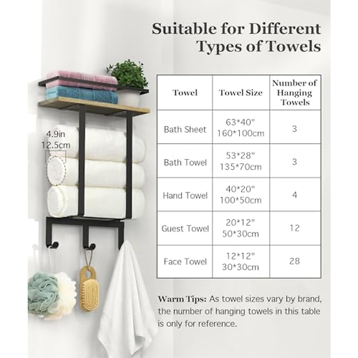 Luxspire Towel Racks Wall Mounted for Bathroom, Towel Holder Wall Mounted with Wooden Floating Shelf & 3 Metal Hooks, Rolled Bath Towel and Hand Towel Rack for Bathroom, Rustic Wooden