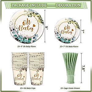 LFSTGN 209 Pcs Sage Green Baby Shower Decorations, Neutral baby shower decor Supplies - "OH BABY" Banner, Balloon, Tableware with Eucalyptus Leaf for 25 Guests