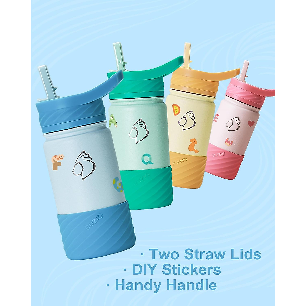 14oz Kids Water Bottle for School Toddler Thermo Water Cups with Straw Lid & Silicone Boot, BUZIO Stainless Steel BPA-Free Insulated Water Tumbler Travel Bottles, Metal Mug with Stickers- Blue
