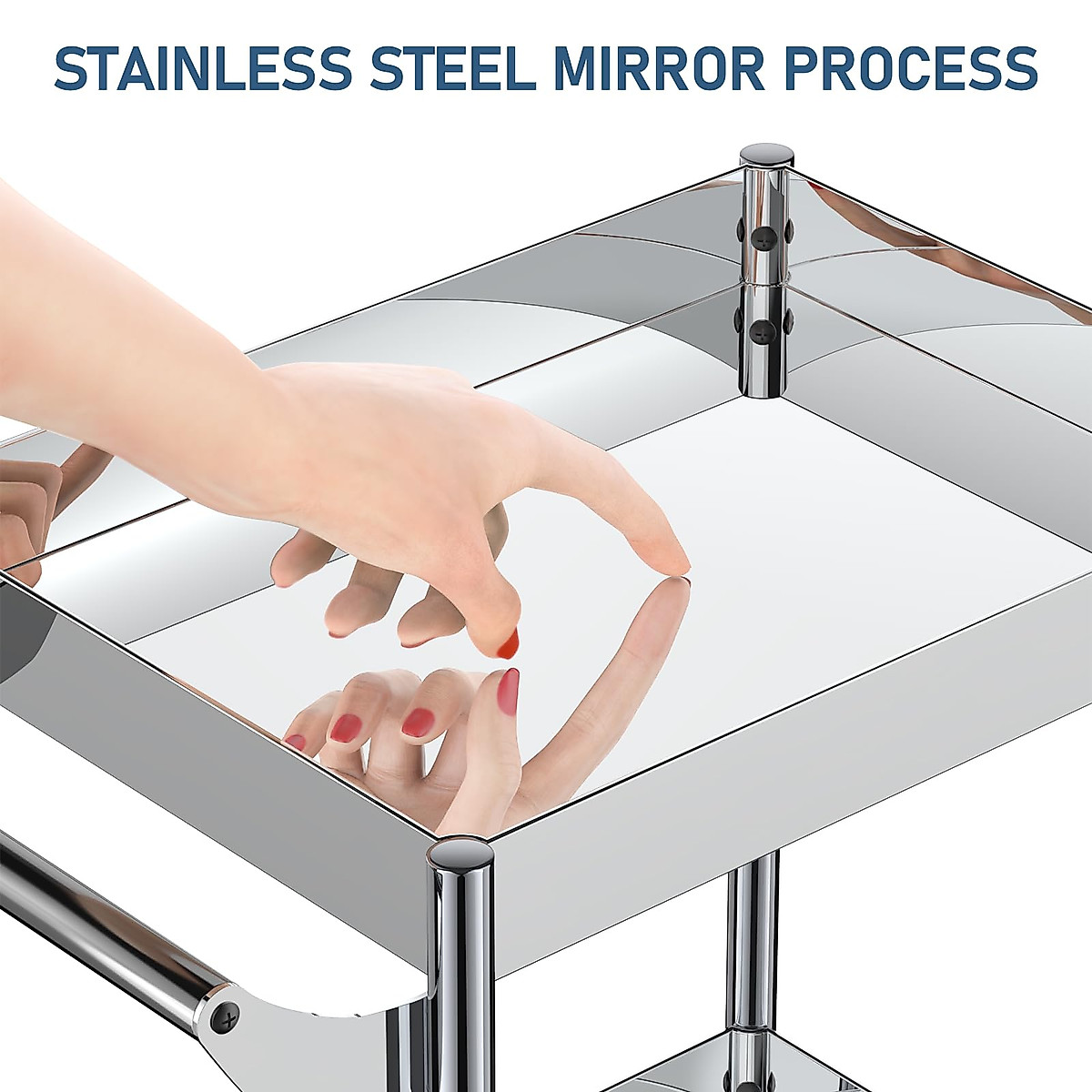 johgee 3 Shelf Mirror Stainless Steel Utility Cart, 3 Tier Stainless Steel Cart with Wheels with Handle, Serving Car, Rolling Medical Cart for Salon, Spa, Lab, Dental Clinic, Lab, Hospital