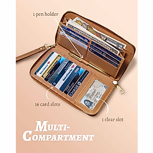 Yarnic Brown Women's Wallet Wristlet Band Wallet Credit Card Wallet Holder Money Pockets Women Clutch Case Coin Money Clip Organizer Purse with RFID Blocking Large Capacity with Zipper Tan