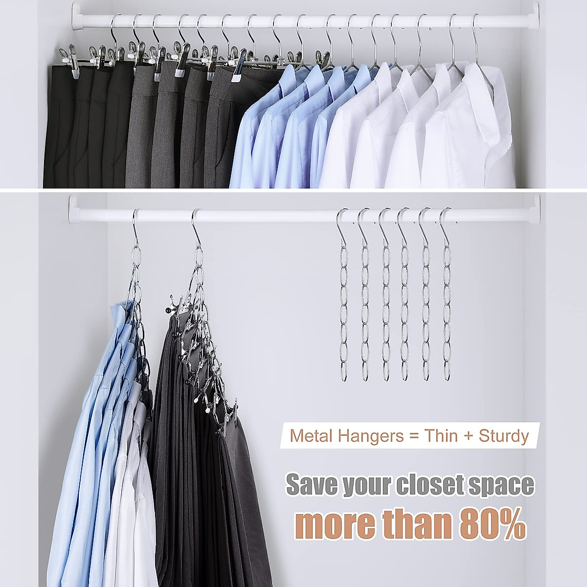 DTICON Hangers Space Saving, Metal Chain Clothes Hanger Organizer with 7 Slots, Magic Foldable Multiple Hangers in One,Collapsible Vertical Space Saver Hangers for Closet Organizer (Pack of 10) Silver