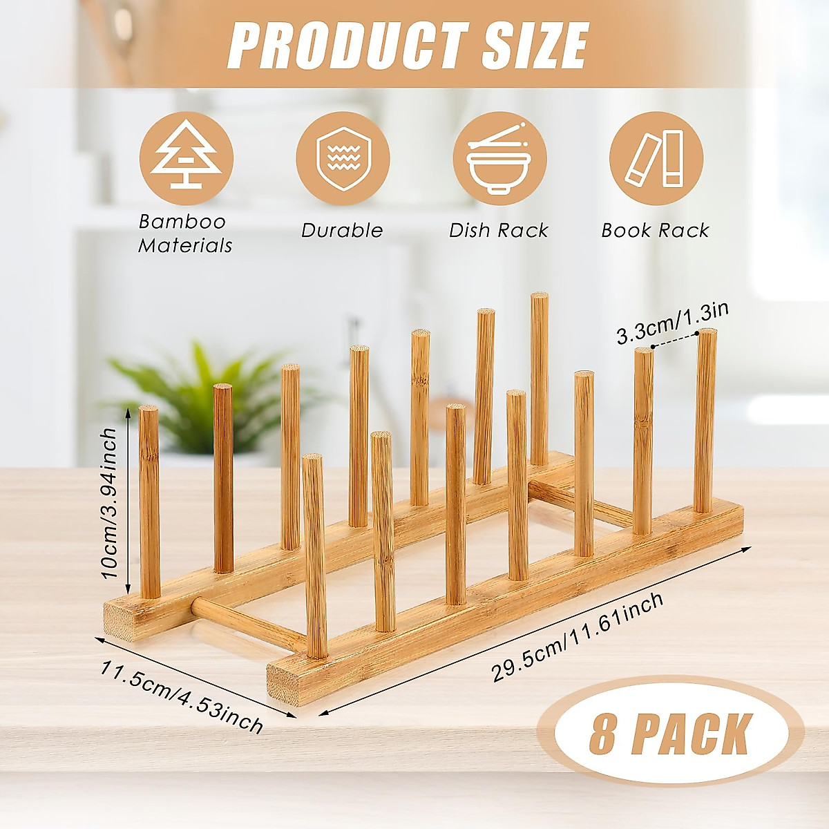 Yinkin 8 Pcs Bamboo Wooden Dish Rack Bowl Cup Cutting Board Drying Rack Plate Organizer Classroom Book Organize Pot Lid Holder Stand for Kitchen Cabinet Storage Organizer