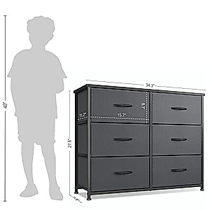 CubiCubi Dresser for Bedroom, 6 Drawer Storage Organizer Tall Wide Dresser for Bedroom Hallway, Sturdy Steel Frame Wood Top, Black Grey
