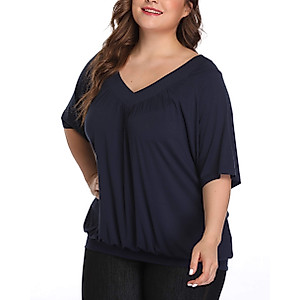 andy & natalie Women's Plus Size Tops Pleated V Neck Loose Baggy Blouse T Shirts Blue