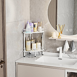 Consumest Corner Shower Caddy Stand - 2 Tier Shower Organizer with Soap Holder, Standing Tall Floor Shower Stand with Adjustable Feet & 2 Hooks, Shower Shelf Rack Storage for Bathroom White