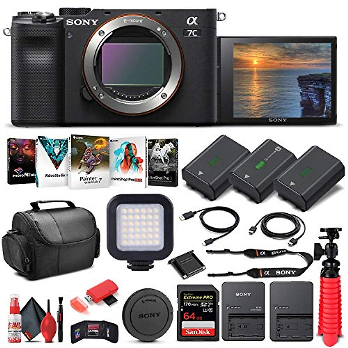 Sony Alpha a7C Mirrorless Digital Camera (Body Only, Black) (ILCE7C/B) + 64GB Card + 2 x NP-FZ-100 Battery + Corel Photo Software + Case + External Charger + Card Reader + LED Light + More (Renewed)