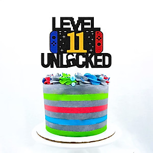Level 11th Unlocked Sign Cake Topper Happy 11th Birthday Level Up Eleventh Cake Decorations for Video Game Controller Themed Kids Boy Girl Bday Party Supplies Double Sided