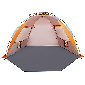Oileus X-Large 4 Person Beach Tent Sun Shelter - Portable Sun Shade Instant Tent for Beach with Carrying Bag, Stakes, 6 Sand Pockets, Anti UV for Fishing Hiking Camping, Waterproof Windproof, Orange