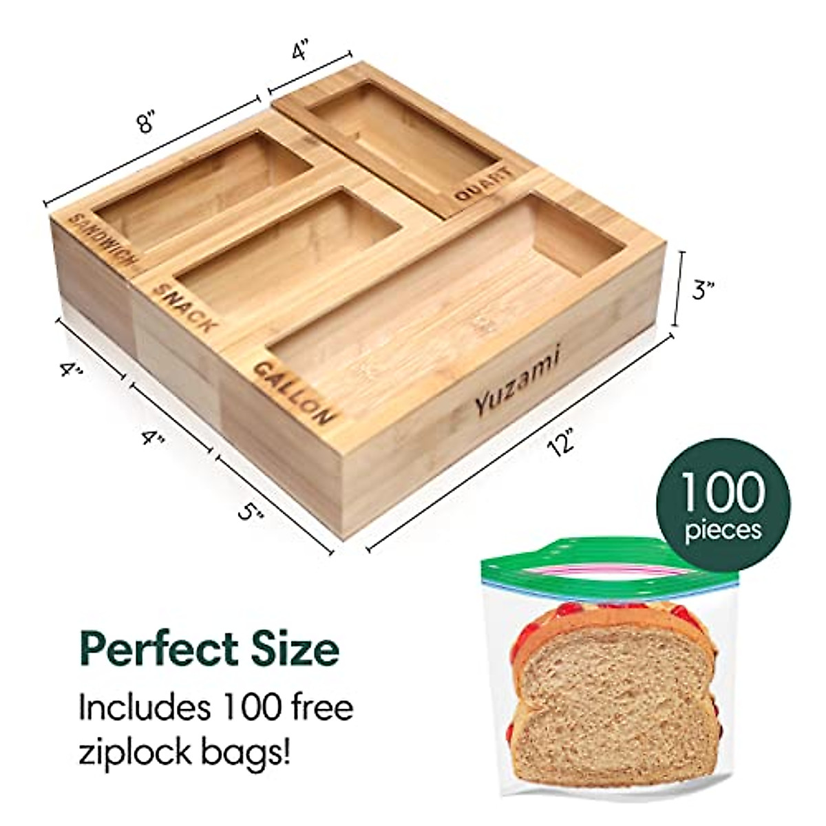 Yuzami Ziplock Bag Organizer , Bamboo Drawer Organizer , 4 Separate Baggie Organizer Storage Bag Organizer, also Includes 100 PCS Sandwich Ziplock Bags, Bag Storage Organizer for Kitchen Drawer