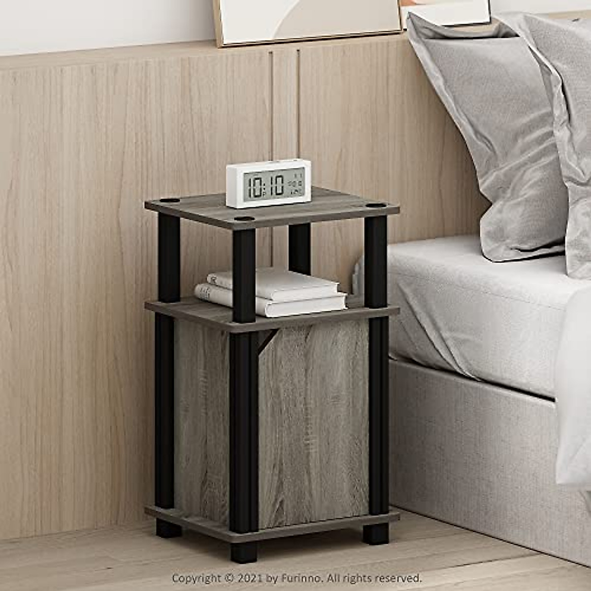 Furinno Brahms 3-Tier End Side Sofa Table/Nighstand with Door, 1-Pack, French Oak/Black