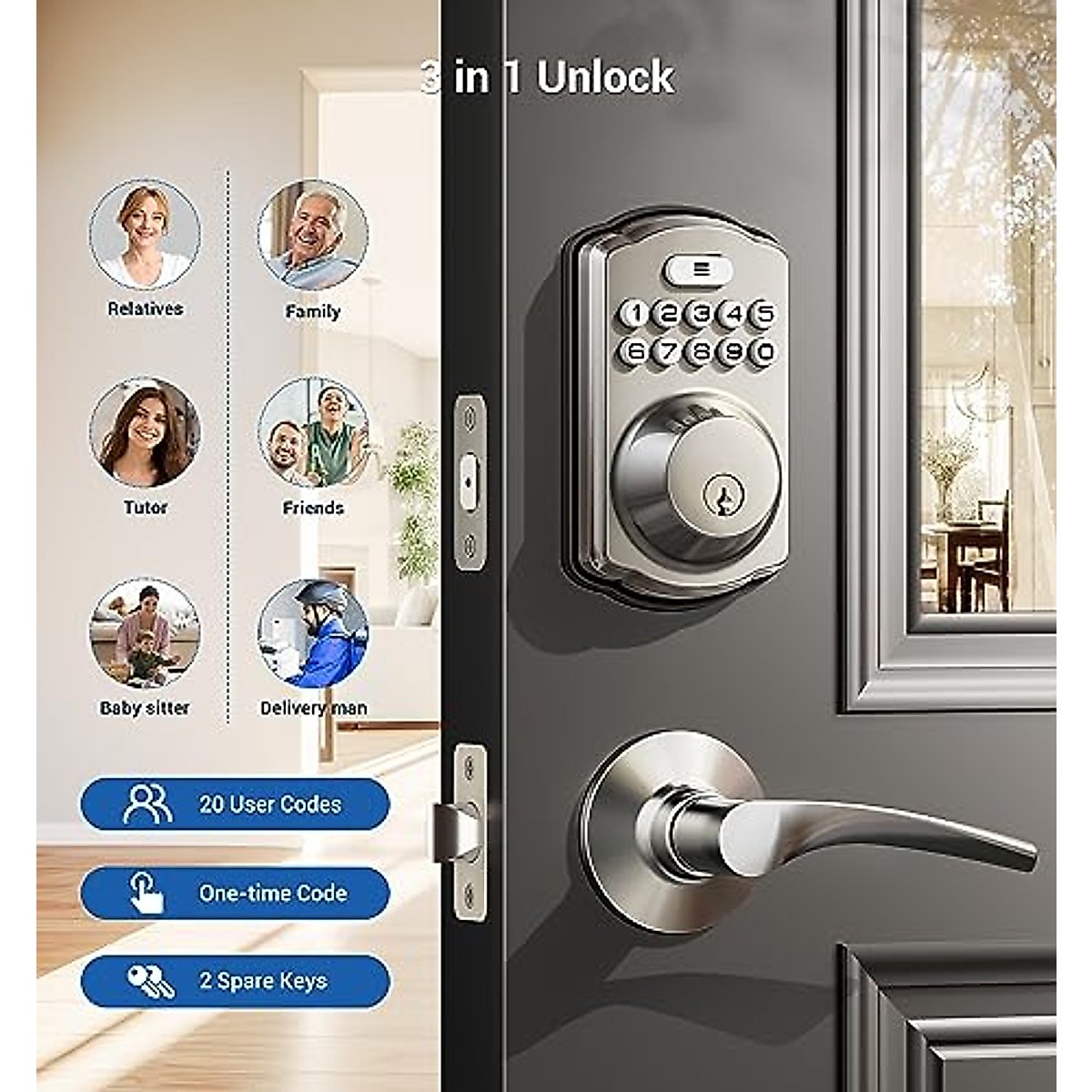 Veise Keyless Entry Door Lock with 2 Lever Handles - Electronic Keypad Deadbolt, Auto Lock, Easy Installation Digital Smart Code Door Lock, Front Door Handle Set, Satin Nickel