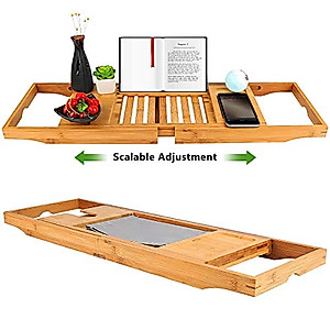 Bathtub Tray Bamboo Bathtub Caddy Tray with Extending Sides Adjustable Book Holder with Premium Luxury Tray Organizer for Phone and Wineglass (Wooden)
