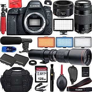 Canon Intl. Canon EOS 6D Mark II DSLR Camera Bundle with EF 50mm f/1.8 STM, EF 75-300mm f/4-5.6 III Lens, 500mm f/8.0, Portable LED Light, Microphone, Extra LP-E6 Battery + More 1897C002, Black