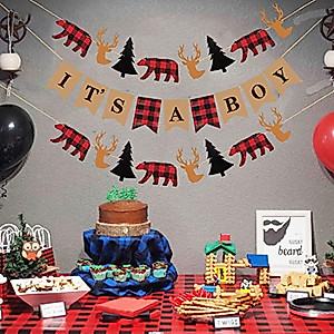 Lumberjack Baby Shower Set Banner Buffalo Plaid Rustic Hunter Theme It's A Boy Camping Bear Baby Shower Cake Topper Decorations Supplies Lumberjack Gender Reveal Banner