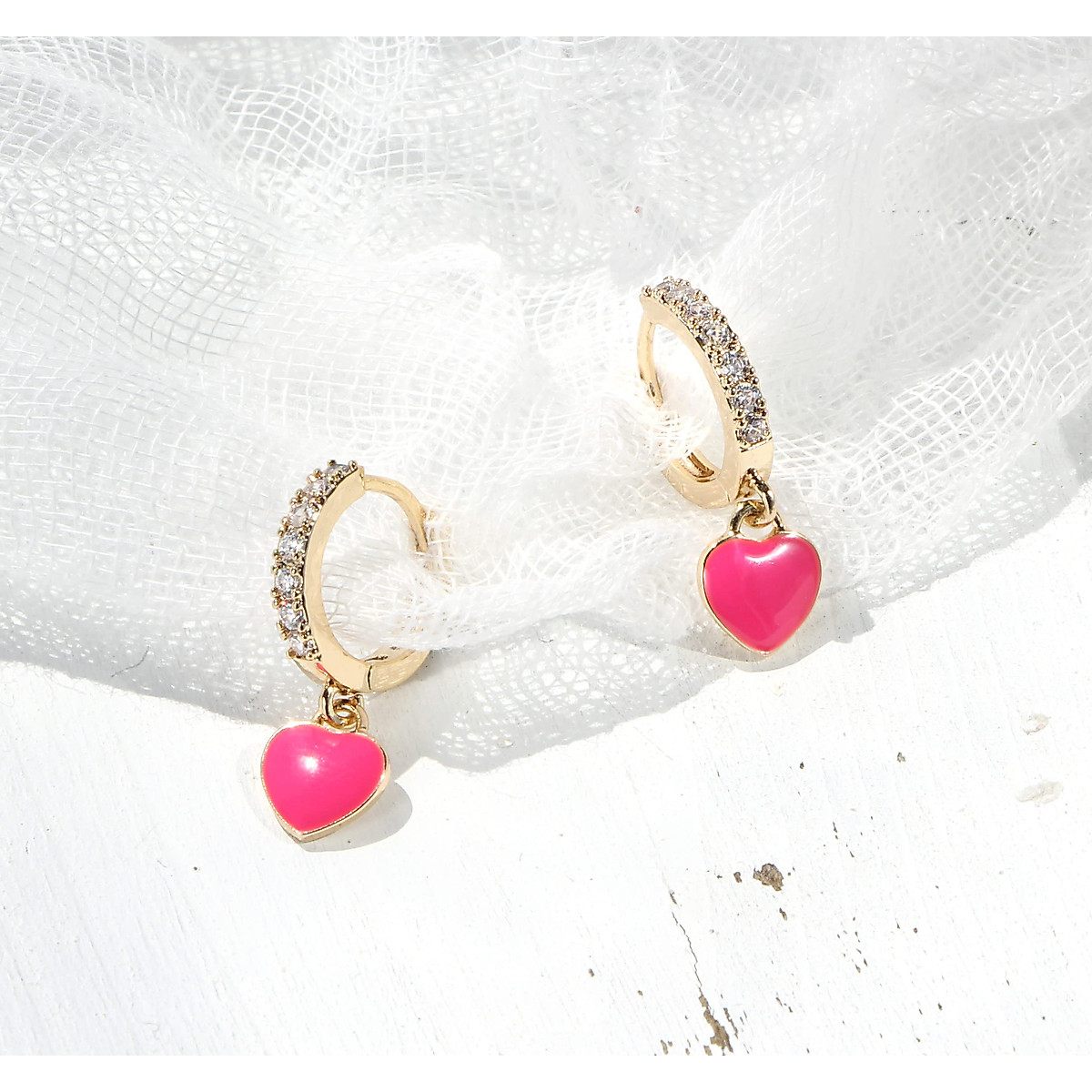 14K Gold Plated Pink Heart Dangle Drop Earrings for Women CZ Huggie Hoops Charm Earrings Dangling Hot Pink Enamel Love Heart Earrings Dainty Cute Valentines Day trendy Jewelry