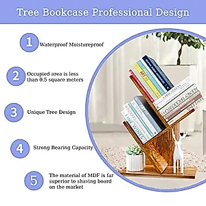 R RUISHENG Wood Tree Bookshelf, 3 Shelves Display Bookcase for Books/Magazines/CDs, Desk Standing Book Shelves Organizer for Office, Bedroom, Living Room