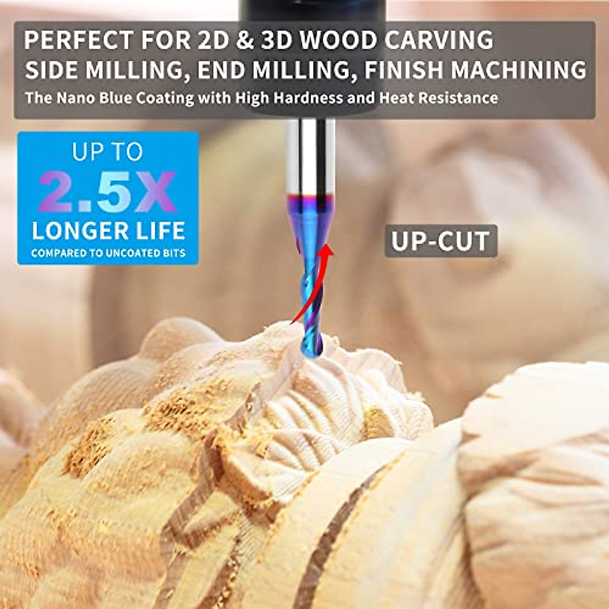 EANOSIC Carbide Ball Nose CNC Bit 1/4 Inch Shank, 1/8" Cutting Diameter End Mill Bits Spiral Router Bits Wood Milling Tool with Nano Blue Coating for Carving Engraving