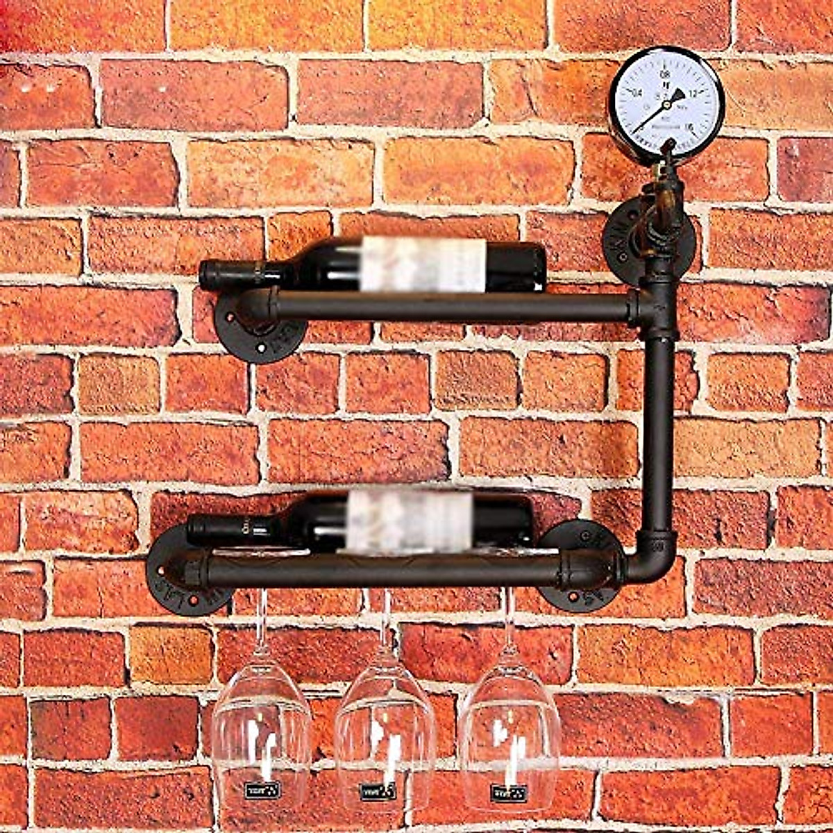 Stylish Simplicity Shelf Wall Mounted Floating Rack Wooden Industrial Style Shelf Solid Wood Iron Art Retro Display Stand with Pressure Gauge Wine Racks Restaurant Wineglass, PIBM, Black, 59x18x5