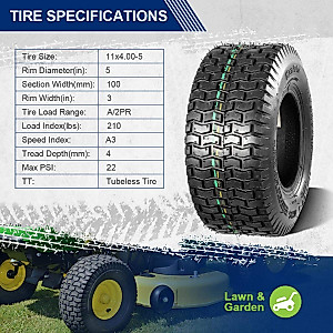 MaxAuto 2 Pcs 11x4X5 11x4.00-5 Turf Tire for Lawn & Garden Golf Cart Mower, P512 LRA