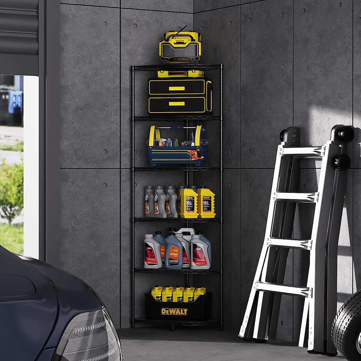 Adjustable 6-Tier Corner Wire Shelving Unit with Waterproof Liners, Heavy Duty 420 lbs Total Capacity - Ideal for Kitchen, Garage, and Office Storage - Rust Resistant and NSF Certified - Black