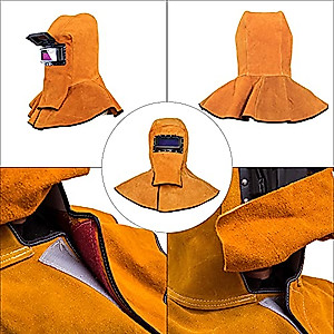 Leather Welding Mask, Leather Welder Hood Leather Mask Welder Helmet with Auto Darkening Filter Lens, Work Cap Welding Helmet, Yellow (Full Face+Neck Shoulder Coverage)