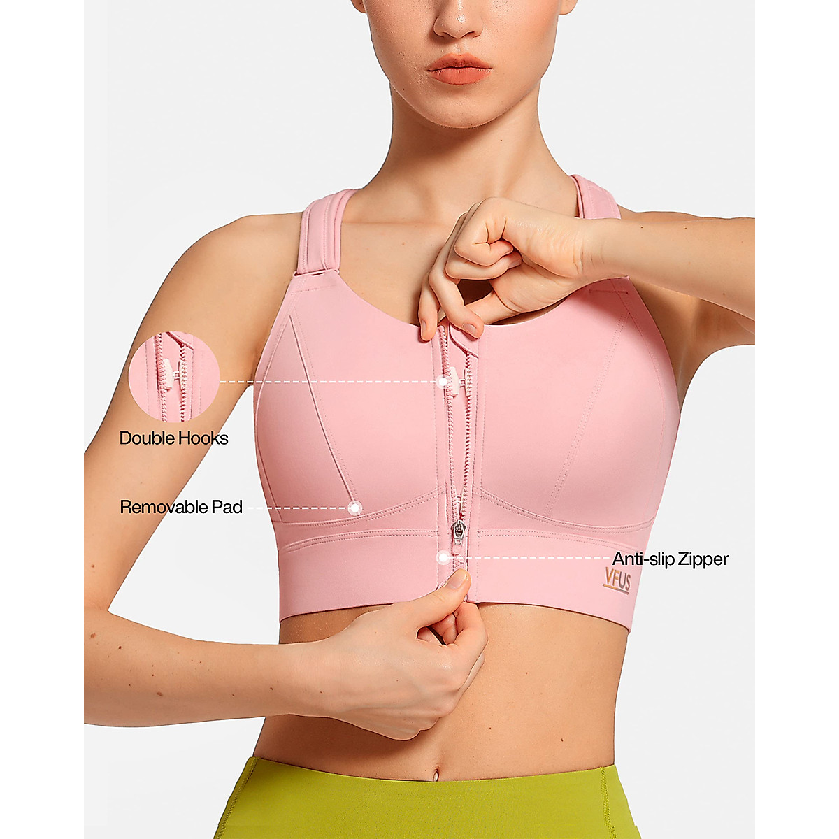 VFUS Sports Bras Adjustable Zip Front High Impact for Women Full Coverage Removable Padded Workout Running (Small, Pink)