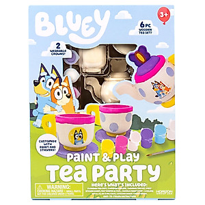 Bluey Paint & Play Tea Party, 6-Piece Wooden Tea Set, Customize with Paint & Bluey Stickers, 2 Wearable Crowns, Fun Toys for Kids, Cute Birthday Party Decorations, Pretend Play Tea Party, Bluey Toys