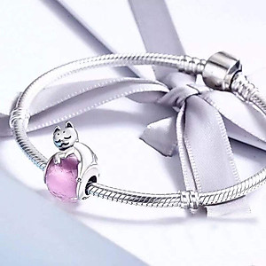 Lovely Animals Charm 925 Sterling Silver Animal Charm Beads for Fashion Charms Bracelet & Necklace (Cute Cat & Pink Glass)