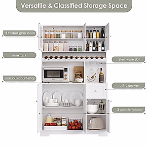 BOTLOG 71" Kitchen Pantry Cabinet, Kitchen Hutch with Microwave Stand, Buffet Cabinet with Hutch, Drawers, Large Countertop for Dining Room, Home Bar (41" W, White)