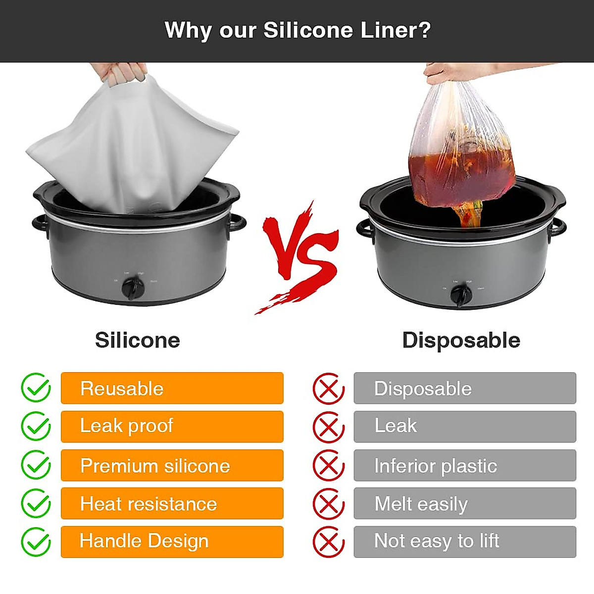 ChefAid Slow Cooker Liners, 100% Silicone Reusable Crock Pot Insert Accessories for 6-8 Oval or Round Quart Slow Cookers, Food Safe & Dishwasher Safe (Black-Grey)