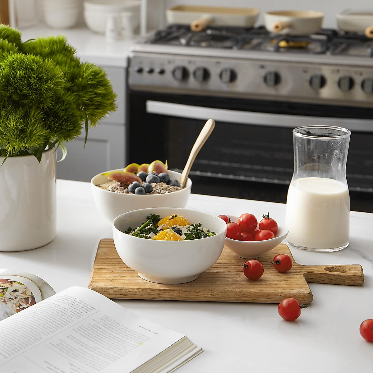 DOWAN Ceramic Soup Bowls, Cereal Bowl, 22 Ounce Bowls Set, Chip Resistant, Dishwasher & Microwave Safe, Porcelain Bowls for Kitchen, White Bowls for Cereal Soup Rice Pasta Salad Oatmeal, Set of 4