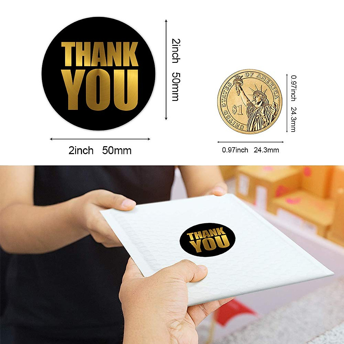 Large Black Thank You Stickers 2 inch - Gold Foil Personalized Sealing Circle Labels, Ideal for Gift Packaging & Small Business | 500 Labels Per Roll