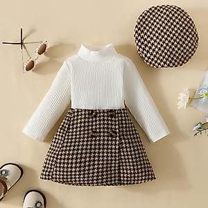 TUSFTAY Toddler Baby Girl Outfits Fall Winter Clothes Ribbed Long Sleeve Tops Houndstooth Print Mini Skirts Beret 3PCS Set (B White, 18-24 Months)