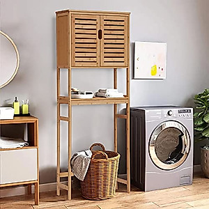 Sangsan Bamboo Freestanding Storage Organizer, Over The Toilet Cabinet Rack with Shelves and Hooks, Multifunctional Kitchen Storage Rack Space Saver for Bathroom, Laundry, Natural
