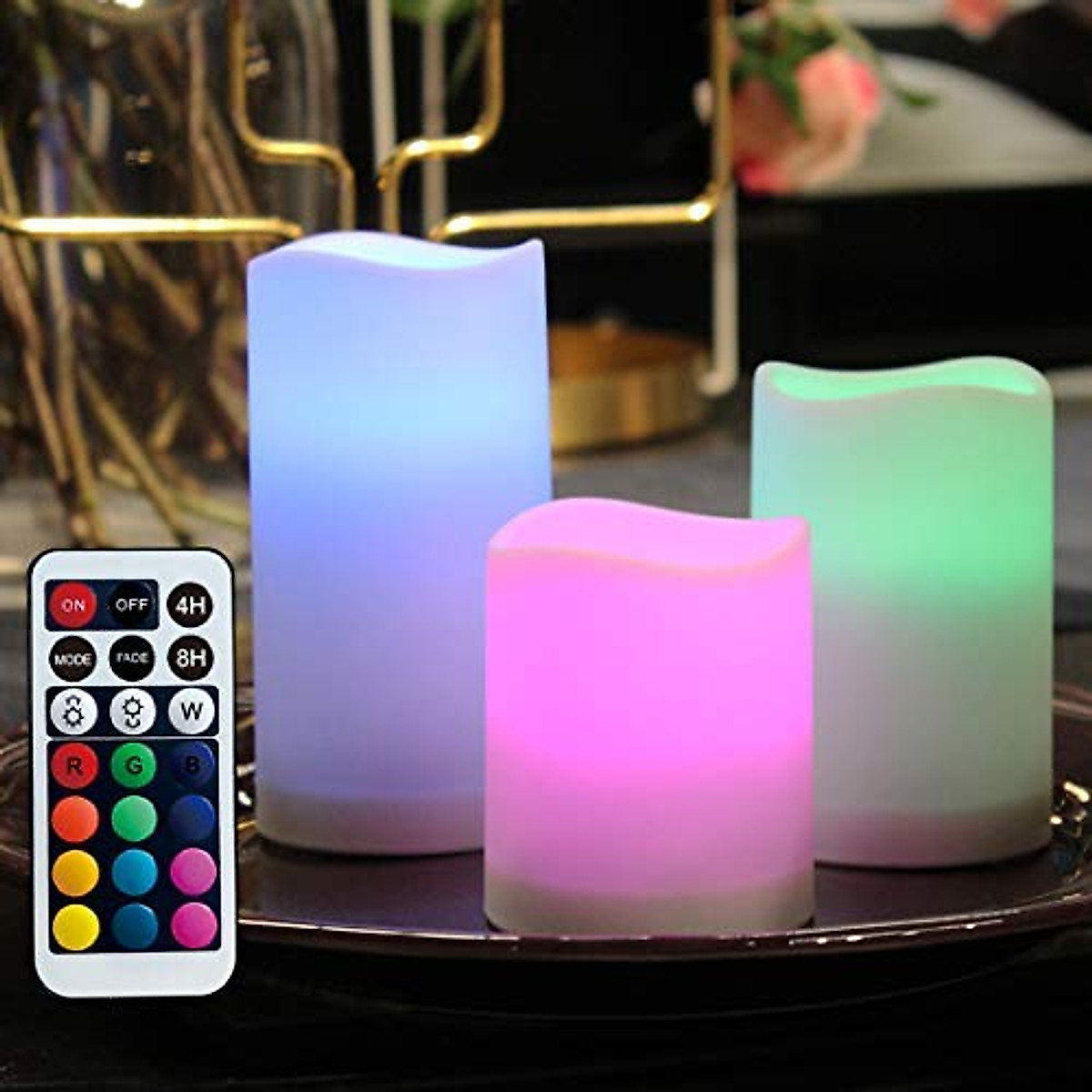 WRalwaysLX Flameless Candles with Timer, Colour Changing LED Candles with Remote Control,Battery Candles Outdoor and Indoor Home Decor, Set of 3, 2.5" D X H3/4/5 by 3AAA Batteries(not Included)
