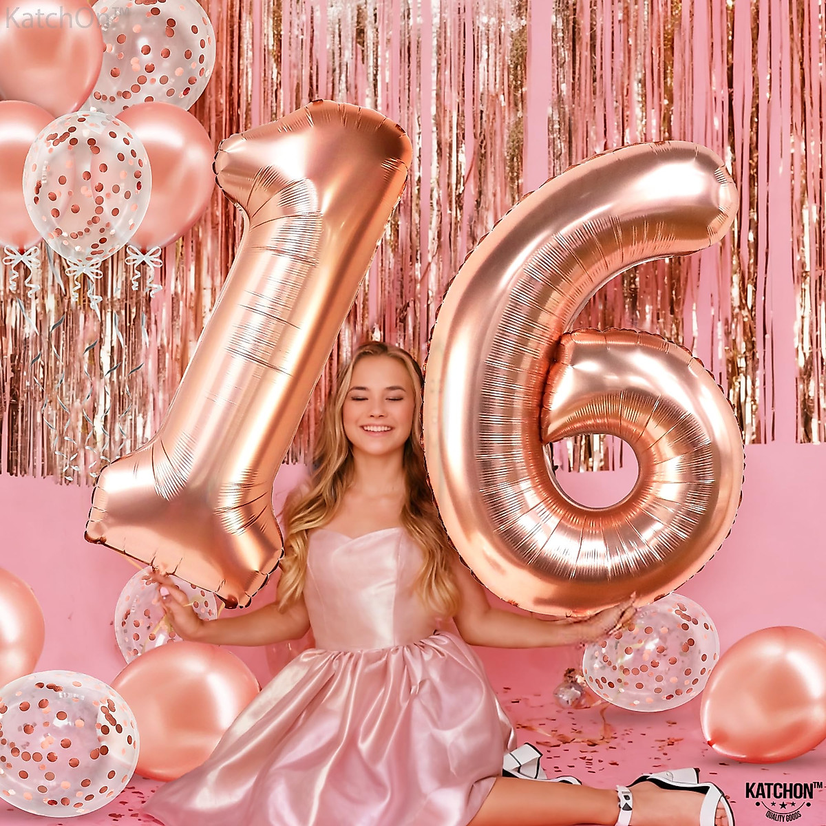 KatchOn, Sweet 16 Balloons Rose Gold - 40 Inch | Sweet 16 Birthday Decorations | Rose Gold 16 Balloon Numbers with Confetti Balloons | Sweet Sixteen Balloons | 16th Birthday Decorations for Girls