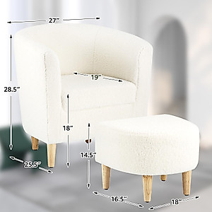 DAZONE Sherpa Chair, Accent White Fluffy Chair Teddy Barrel Chair with Ottoman Comfy ArmChair Footrest Set For Living Room Upholstered Club Tub Sofa Chair for Bedroom Reading Room