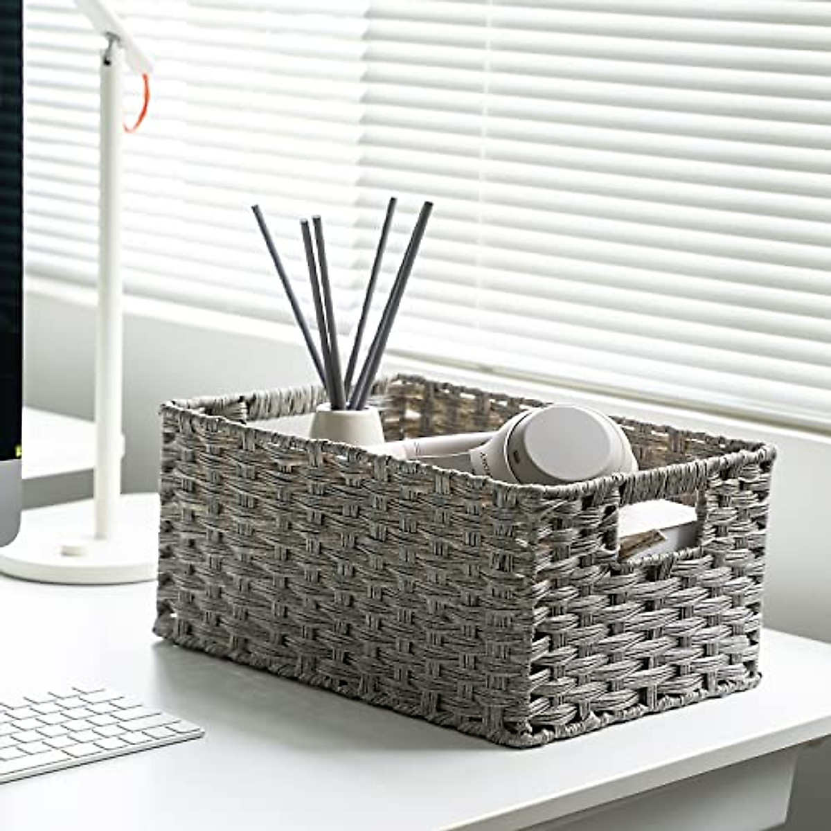 ROSOS Wicker Baskets 2 Pack, Wicker Storage Basket with Handles, Large Wicker Baskets for Storage, Waterproof Wicker Baskets for Organizing, Large Storage Baskets Wicker 15" and Medium 14", Grey