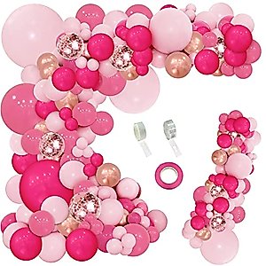 PERPAOL 143Pcs Rose Pink Balloon Garland Arch Kit, Hot Pink Metallic Rose Gold Chrome Balloons for Wedding Party Princess Theme Birthday Bridal Shower Decorations