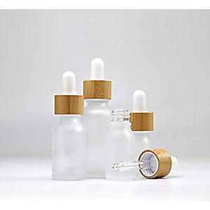 4 Pcs Bamboo Frosted Glass Eye Dropper Bottle,Empty Essential Oil Bottles With Pure Glass Pipettes,Bamboo Cap Makeup Travel Cosmetic Sample Container-Pipette&Funnel included (15ml/0.5 Ounce)