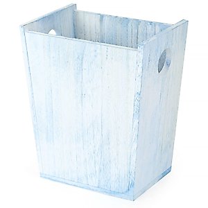 Rustic Wastebasket Wood Trash Can Farmhouse Bathroom Waste Bin with Built-in Double Round Handles for Office, Bedroom, and Bathroom, Blue White