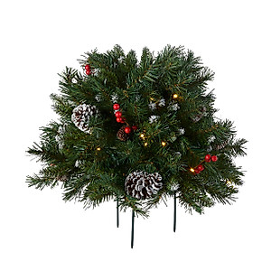 National Tree Company National Tree 18 Inch Frosted Urn Filler with Cones, Red Berries, Tripod Stake and 35 Warm White Battery Operated LED Lights with Timer (FRB-300-18U-B), 18"