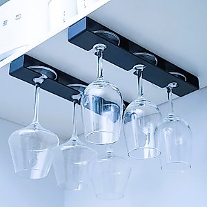NIYUPE Wine Glass Rack Hanger Under Cabinet Holder Stemware Shelf Black for Home Kitchen Bar - 2 sets of cup hangers with rounded slots to prevent cups from slipping
