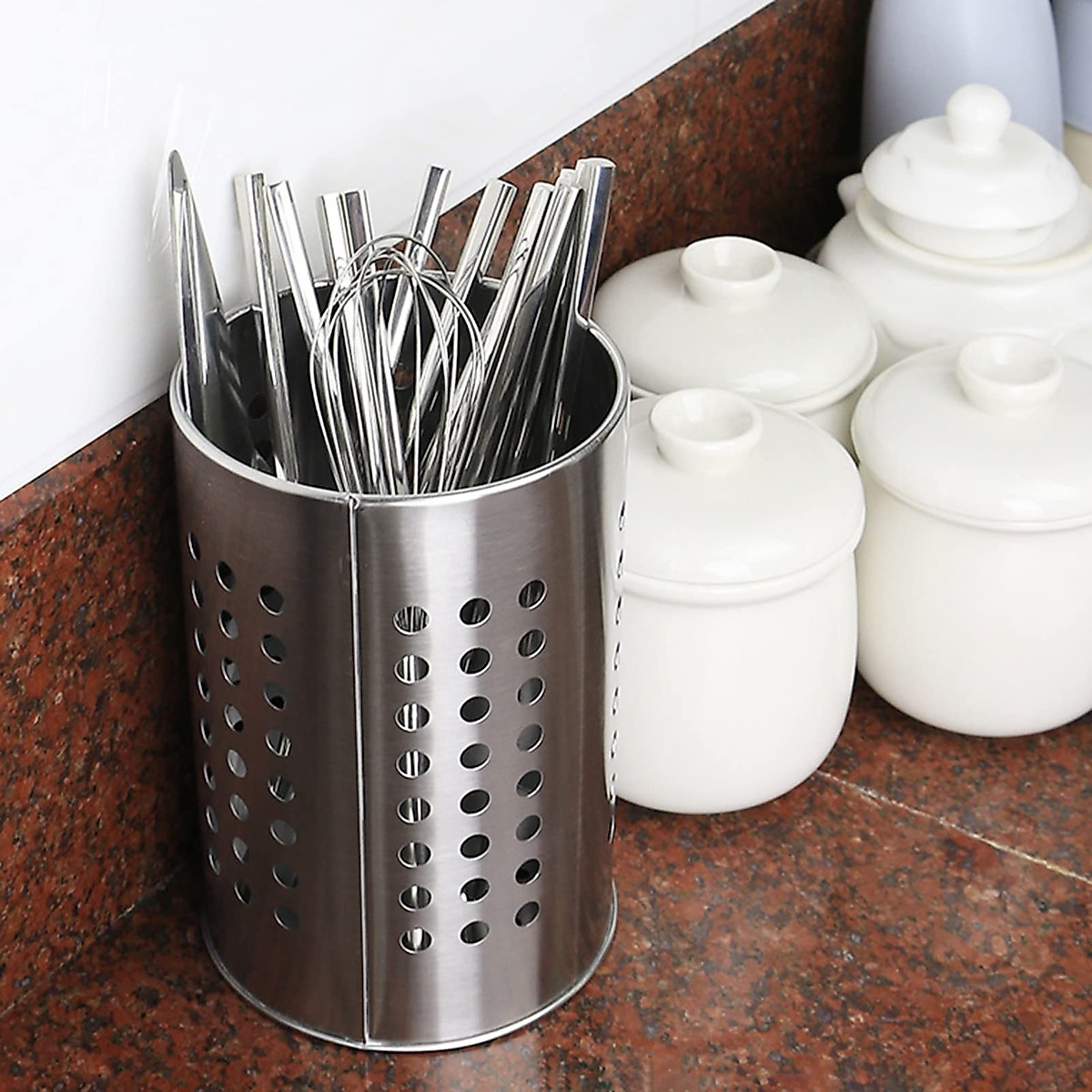 Stainless Steel Kitchen Utensil Holder Utensil Caddy Cooking Utensil Crock Counter Countertop Utensil Organizer Spoon Spatula Chopstick Cutlery Holder Tableware Storage Container Silver