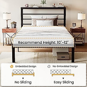 SHA CERLIN Twin Size Bed Frame with Headboard Shelf, Heavy Duty Platform Bed Frame with Strong Metal Foundation, No Box Spring Needed, Black