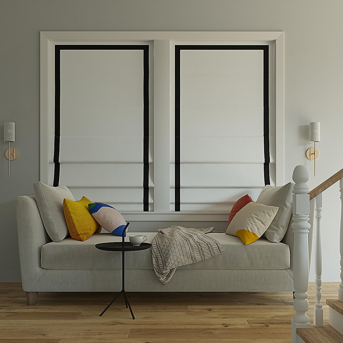 Sun Zero Denna Black Ribbon Border Stripe 100% Blackout Cordless Roman Shade, 33" x 64", Black/White